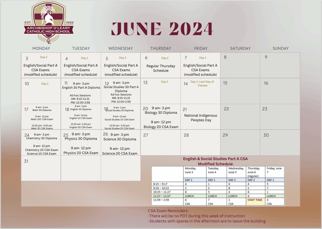 Final Exam and Diploma Exam Schedule - Archbishop O’Leary Catholic High ...